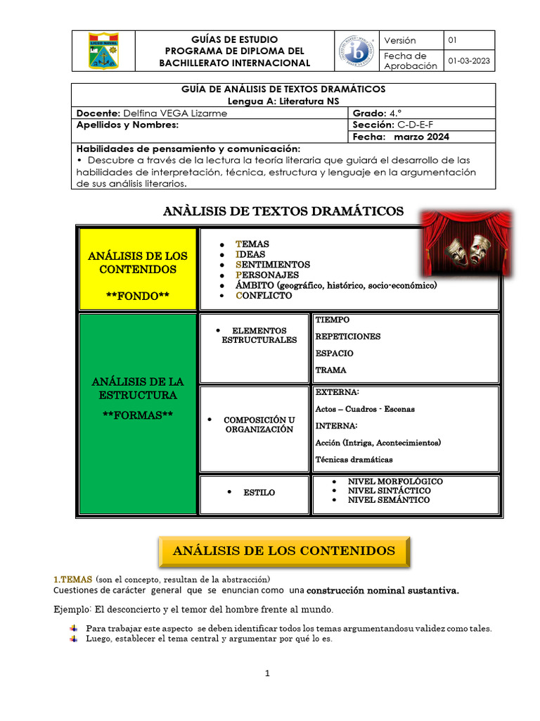 Guía de Análisis de Textos Dramáticos - Lengua A Literatura Ns - 2024 | PDF