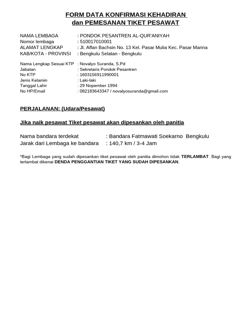 Form Konfirmasi Kehadiran Peresmian BLKK PPQ | PDF