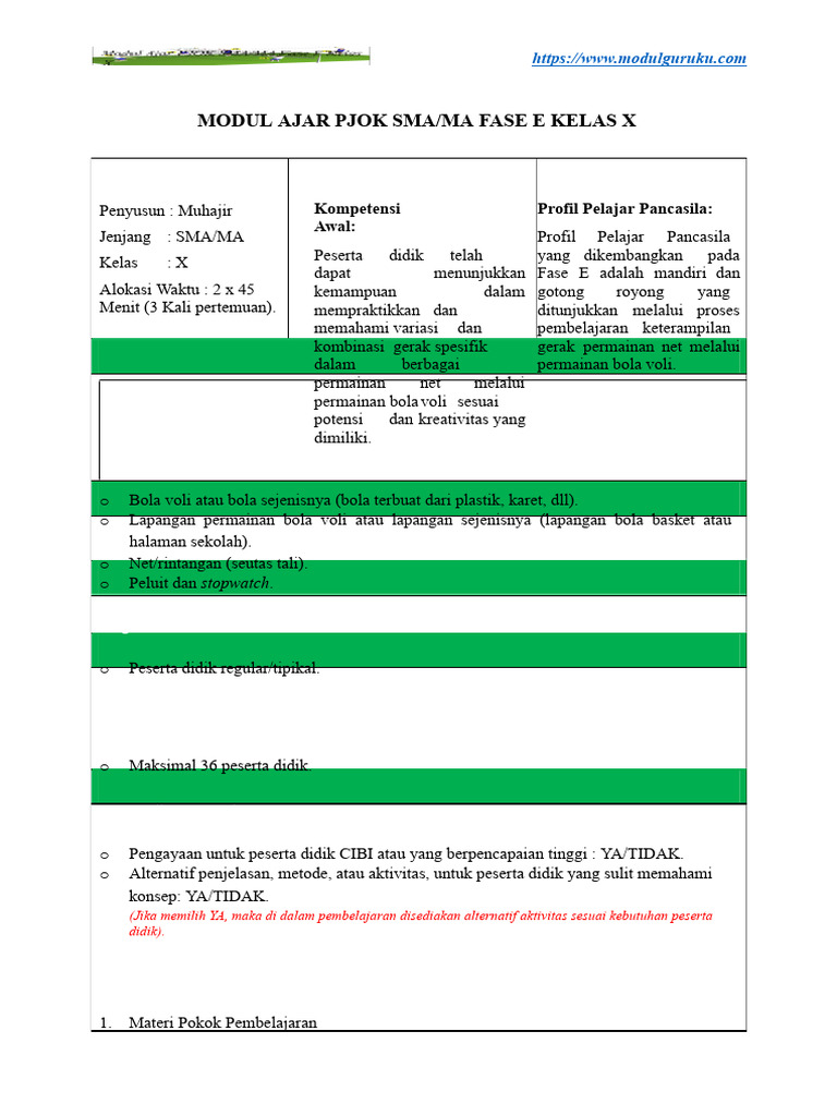 Modul Ajar PJOK Permainan Bola Voli Kelas X Sma Fase E | PDF