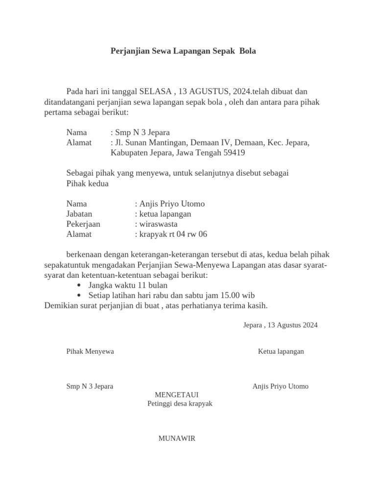 Perjanjian Sewa Lapangan Sepak Bola | PDF