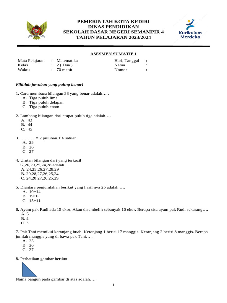 Soal Matematika Kurmer Kelas 2 | PDF