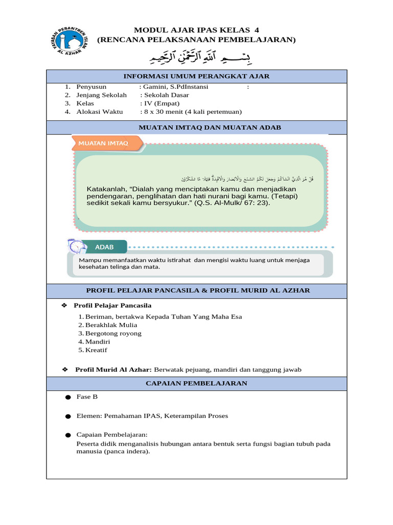 Modul Ajar Ipas (Panca Indera) Kelas 4 | PDF