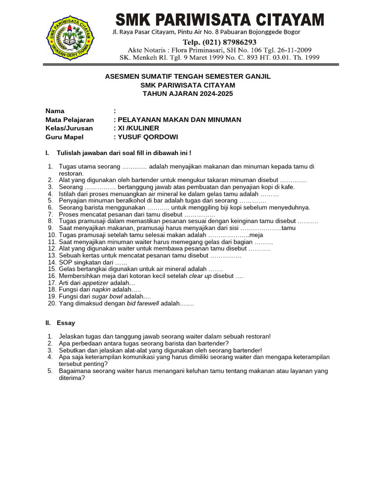 Soal Pelayanan Xi | PDF