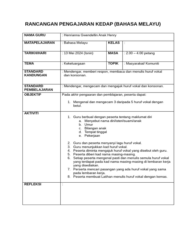 RANCANGAN PENGAJARAN KEDAP | PDF