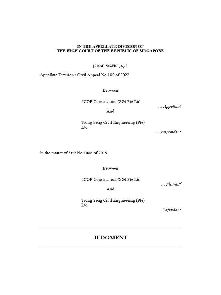 ICOP Construction (SG) Pte LTD V Tiong Seng Civil Engineering (Pte) LTD ...