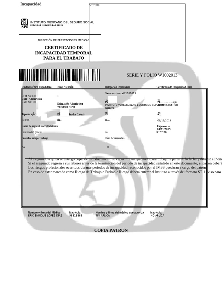 Certificado Incapacidad IMSS 2019 | PDF