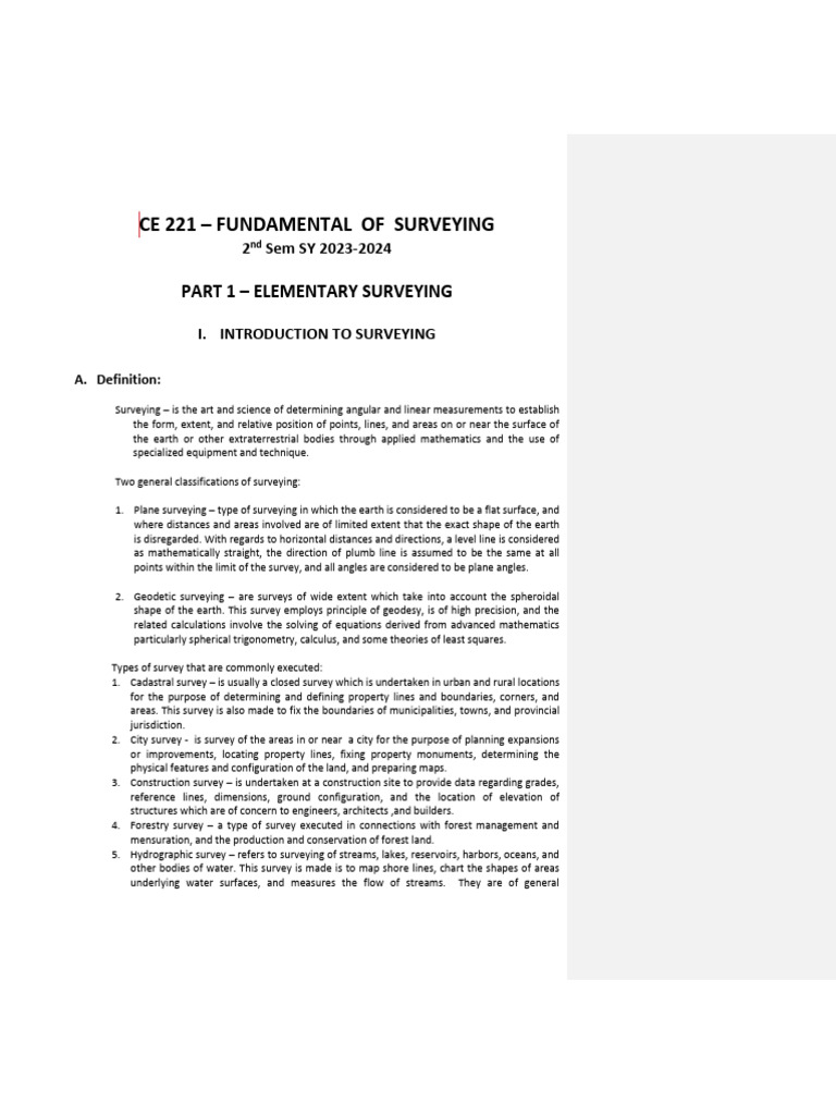 CE 221 Fundamentlas of Surveying Lecnotes | PDF