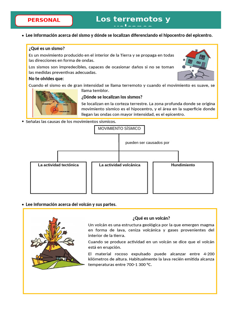D1 A2 FICHA PS. Los Terremotos y Volcanes | PDF