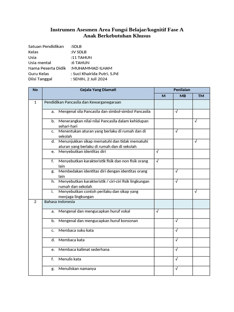 Instrumen Asesmen Fase A Ilham | PDF