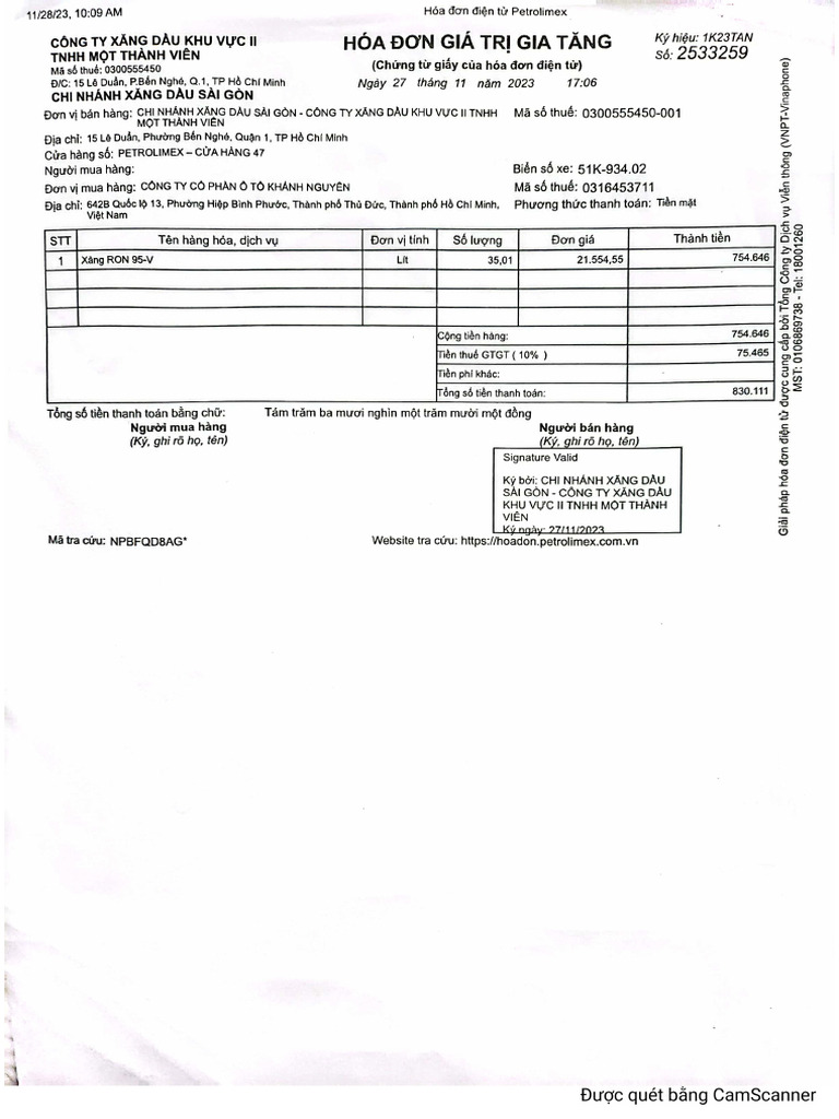 Hóa Đơn Xăng T11.2023 | PDF