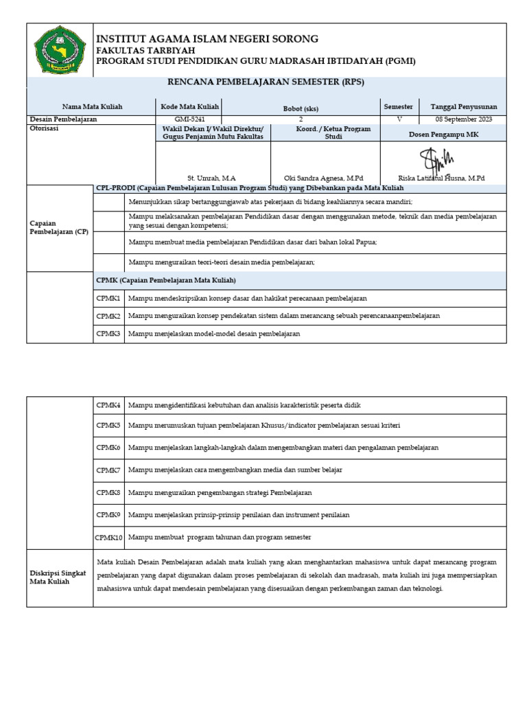 RPS Desain Pembelajaran PGMI V | PDF