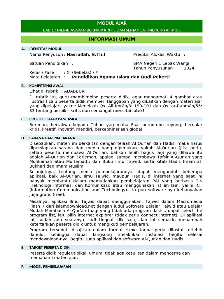 Modul Ajar PAIBP Kelas XI Fase F 2024-2025 - Bab 1 | PDF