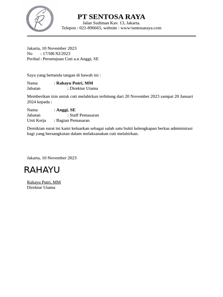 Surat Balasan Izin Cuti Ibu Anggi, SE | PDF