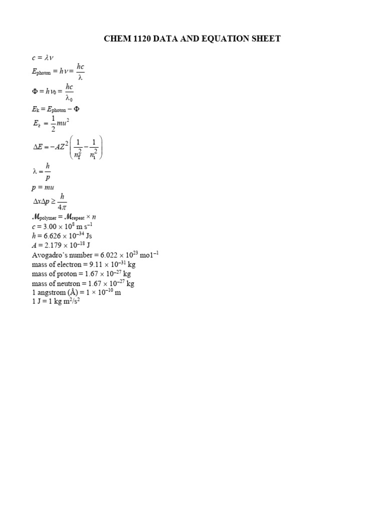 CHEM 1120 Data and Equation Sheet | PDF