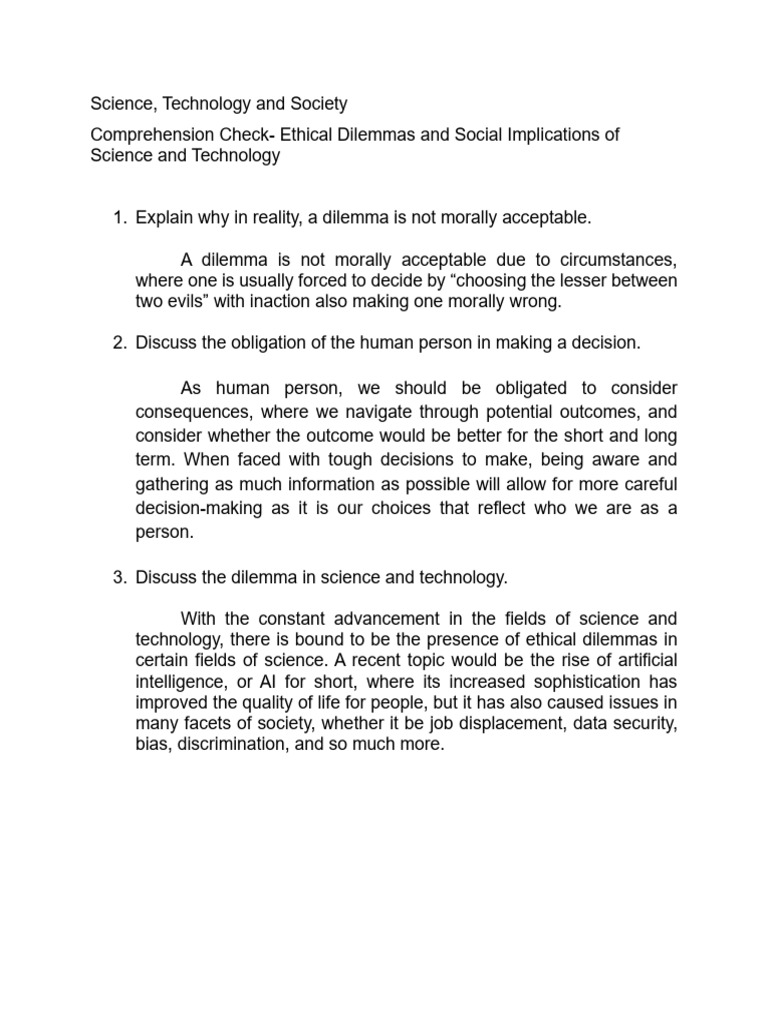 SCIENCE, TECHNOLOGY, AND SOCIETY-Ethical Dilemmas and Social ...