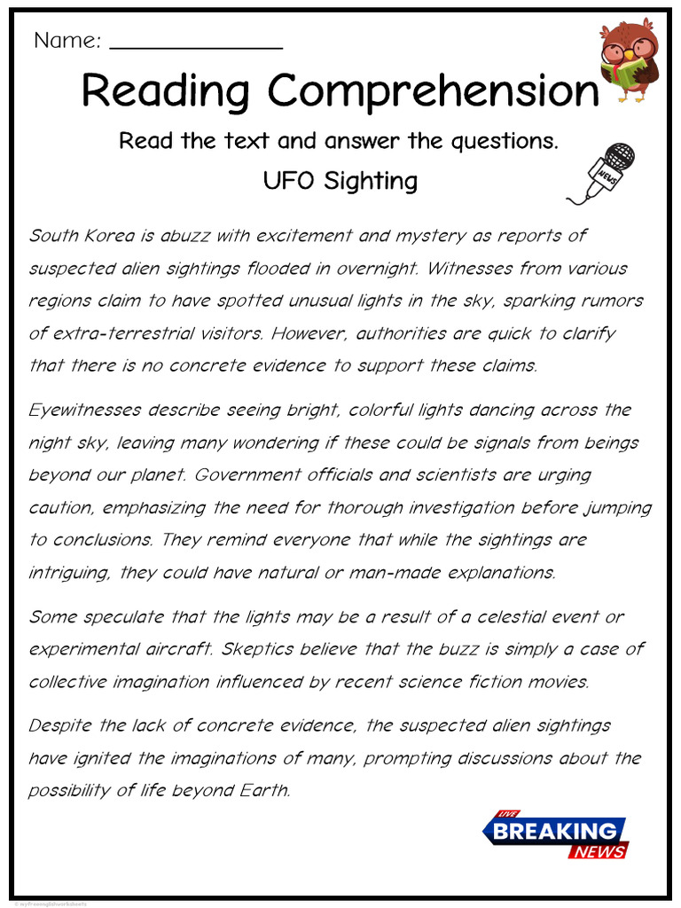 Reading Comprehension Grade 5 News Article UFO Sighting | PDF | Extraterrestrial Life ...