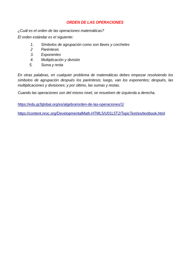 Orden de Las Operaciones | PDF | Métodos y materiales de enseñanza ...