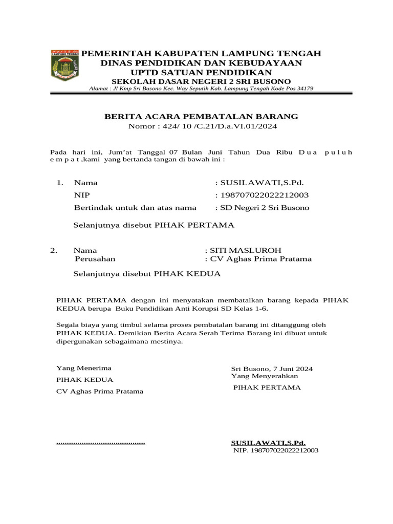 PDF Contoh Berita Acara Pengembalian | PDF