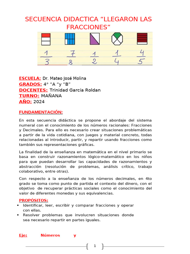 SECUENCIA DIDACTICA FRACCIONES Y NUMEROS DECIMALES | PDF