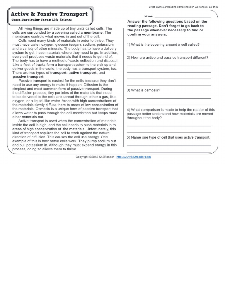 Active and Passive Transport - 5th Grade Reading Comprehension ...