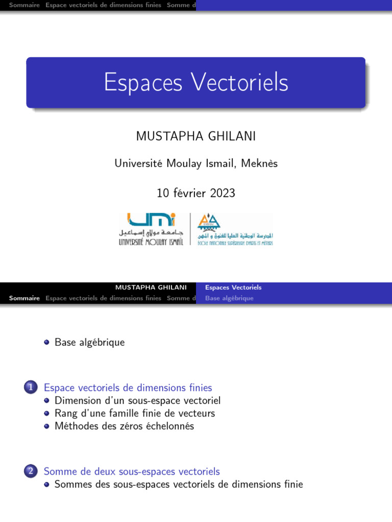 Espaces Vectoriels: Mustapha Ghilani | PDF
