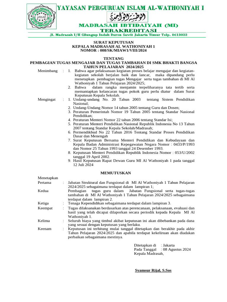 SK Pembagian Tugas Guru Dan Tugas Tambahan | PDF