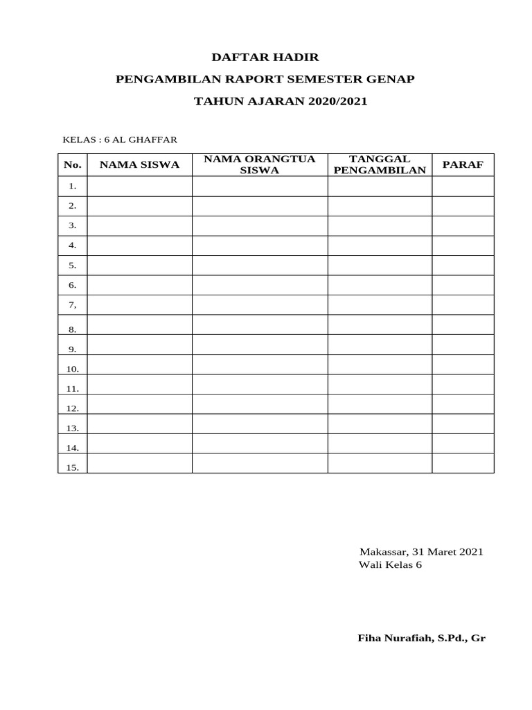 Daftar Hadir Pengambilan Raport | PDF