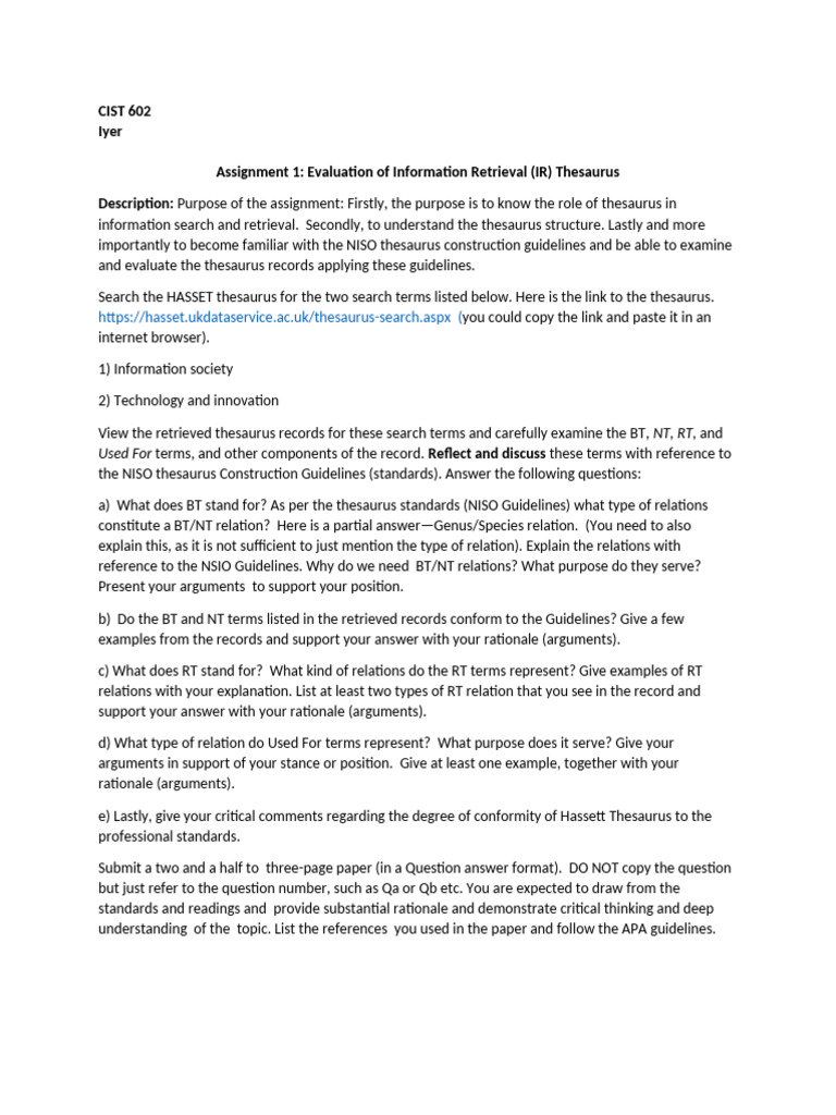 CIST 602 Assignment 1 - Information Retrieval Thesaurus | PDF