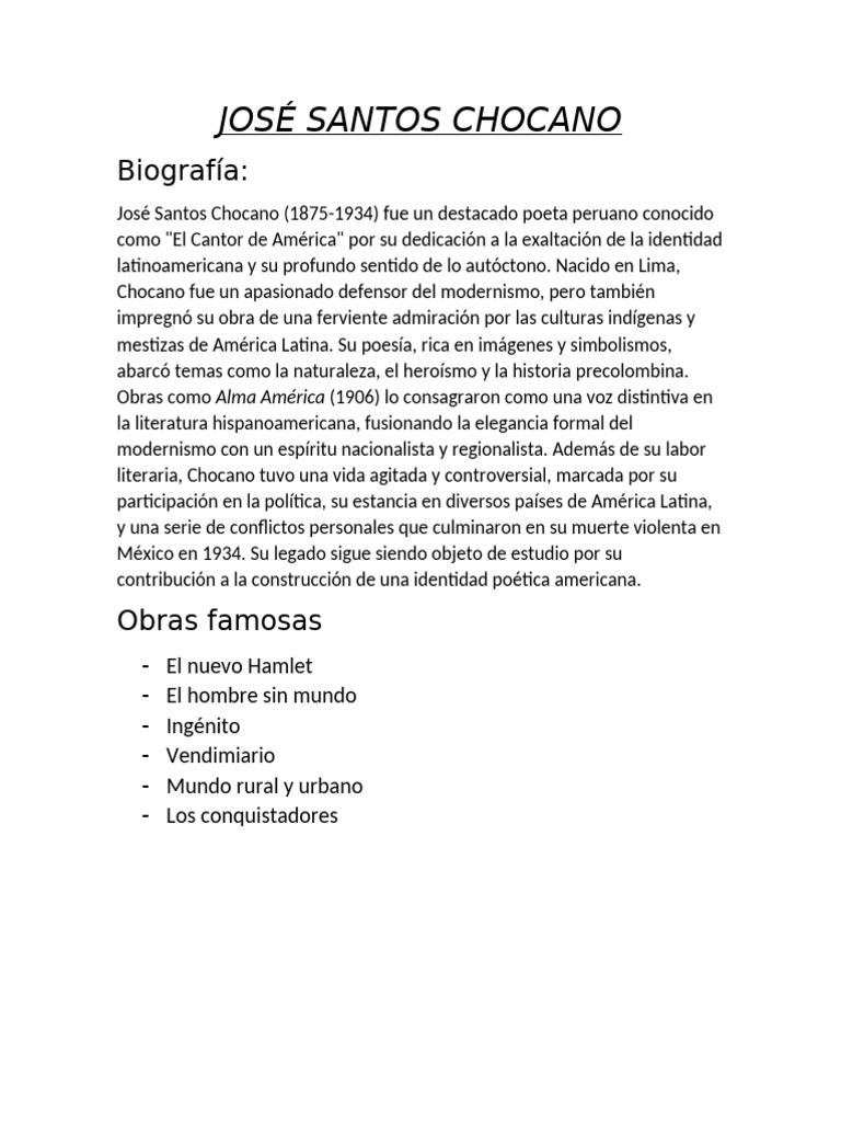 Biografía José Santos Chocano Información | PDF