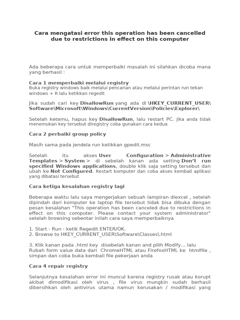 Cara Mengatasi Error This Operation Has Been Cancelled Due To ...