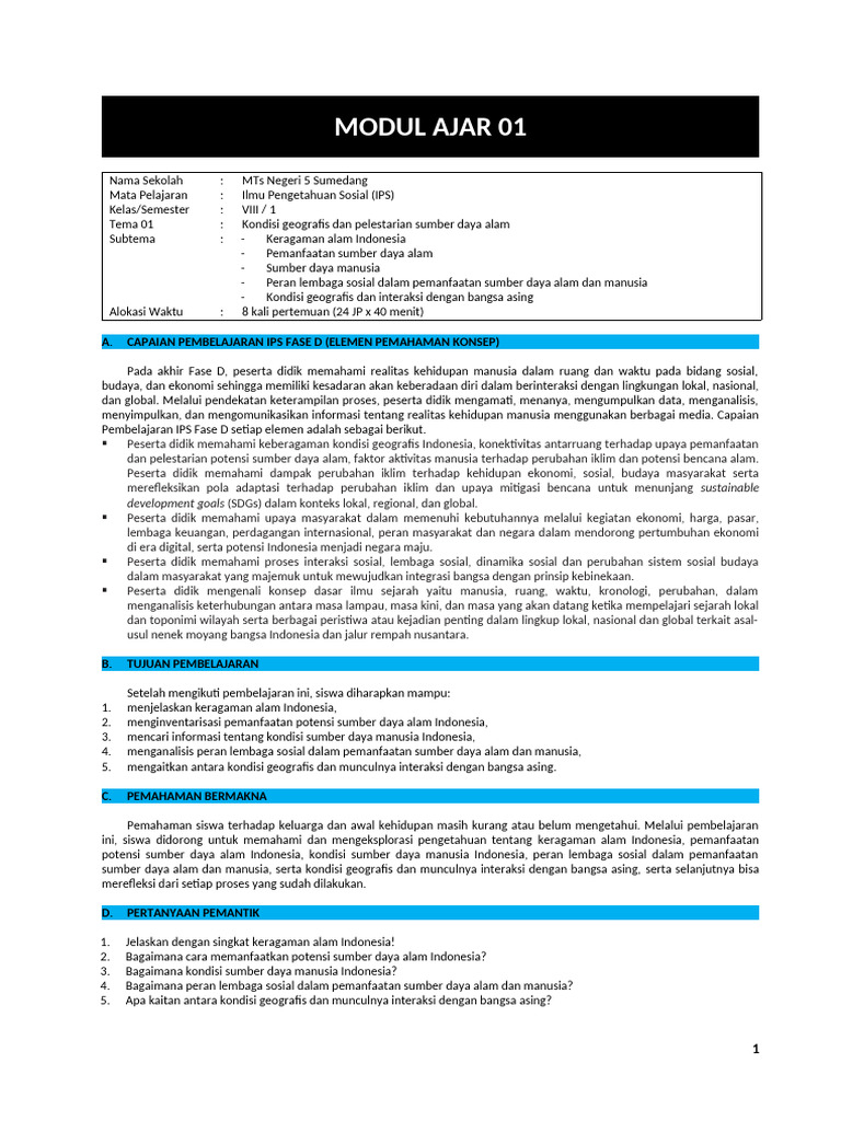 05 Modul Ajar 01 Ips 8 Ikm Smt1 2024-2025 (Anwark) Stqam | PDF