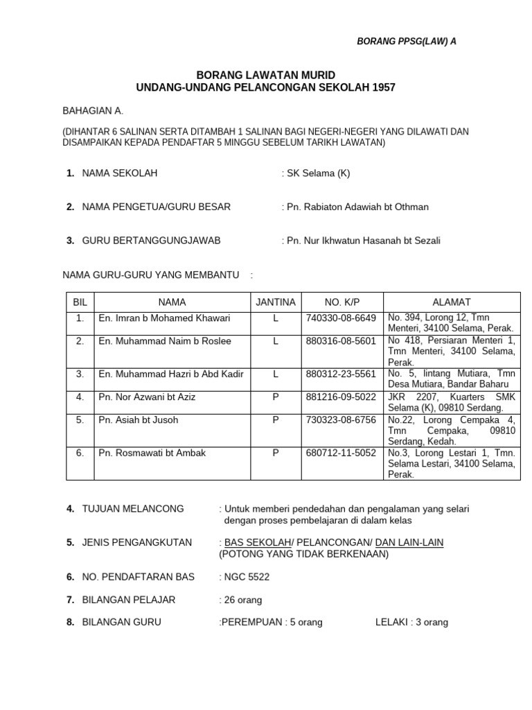 LAW A - BORANG LAWATAN MURID Lawatan Lumut | PDF