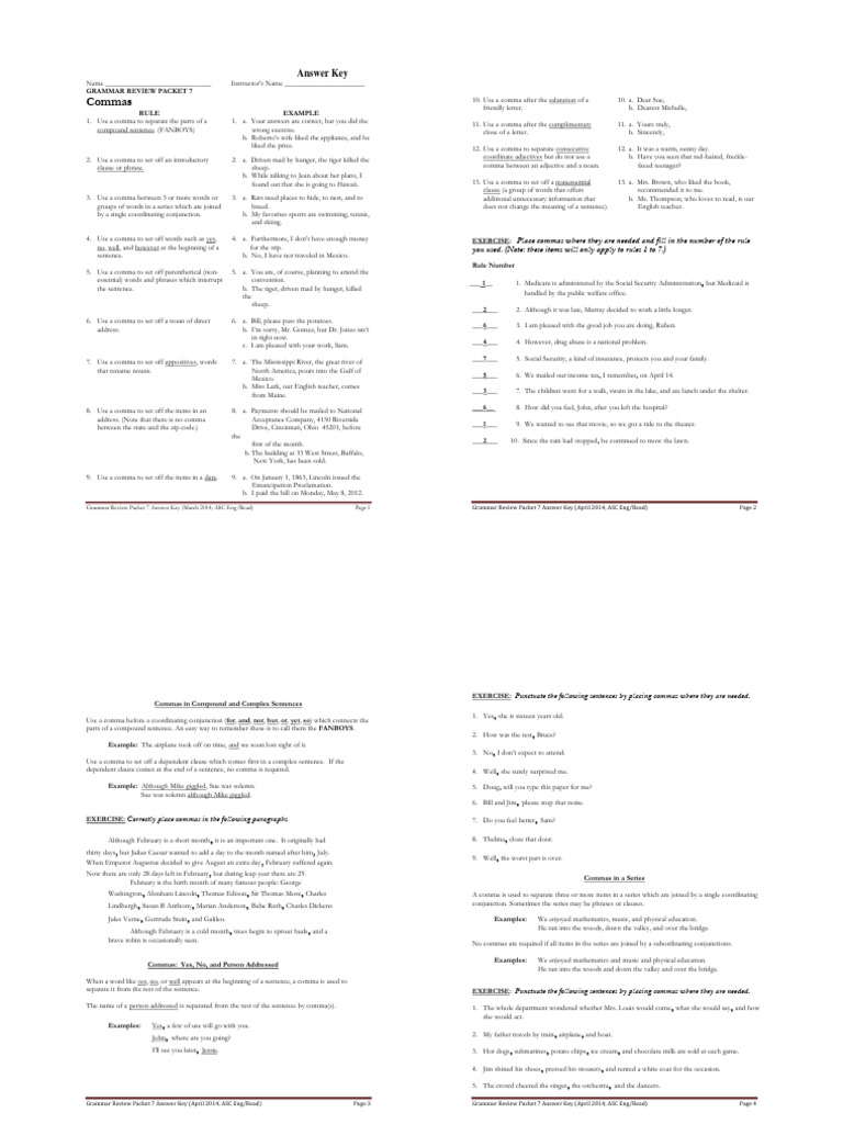 Grammar Review Packet 7 Commas Answer Key | PDF