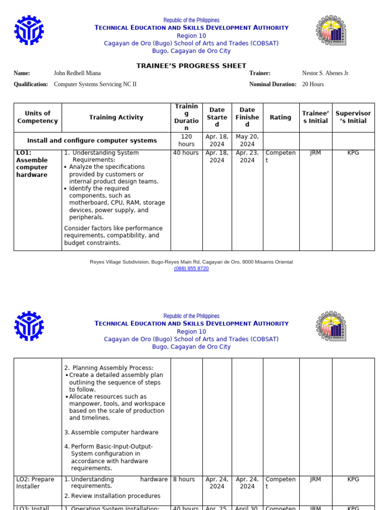 4 Trainees Progress Sheet | PDF