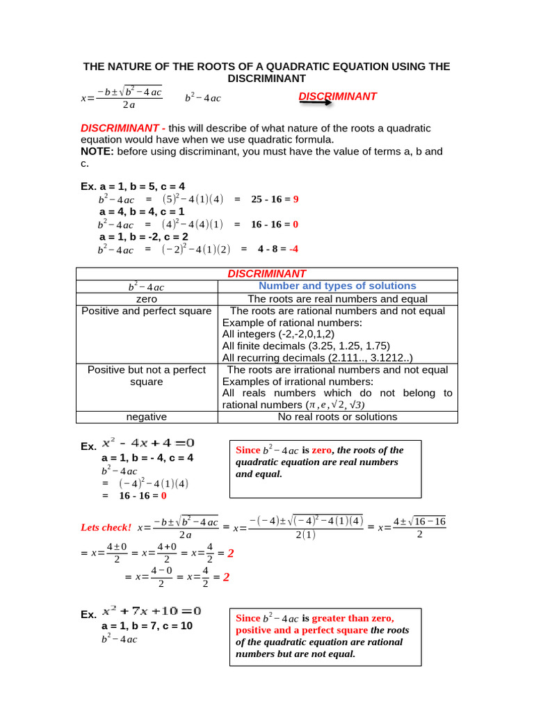 The Nature of The Roots of A Quadratic Equation Us | PDF