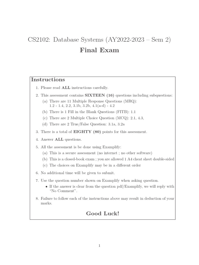 CS2102: Database Systems (AY2022-2023 - Sem 2) : Final Exam | PDF