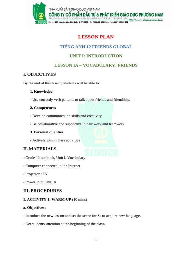 Introduction Unit - Tiếng Anh 12 Friends Global - Kế Hoạch Bài Dạy | PDF