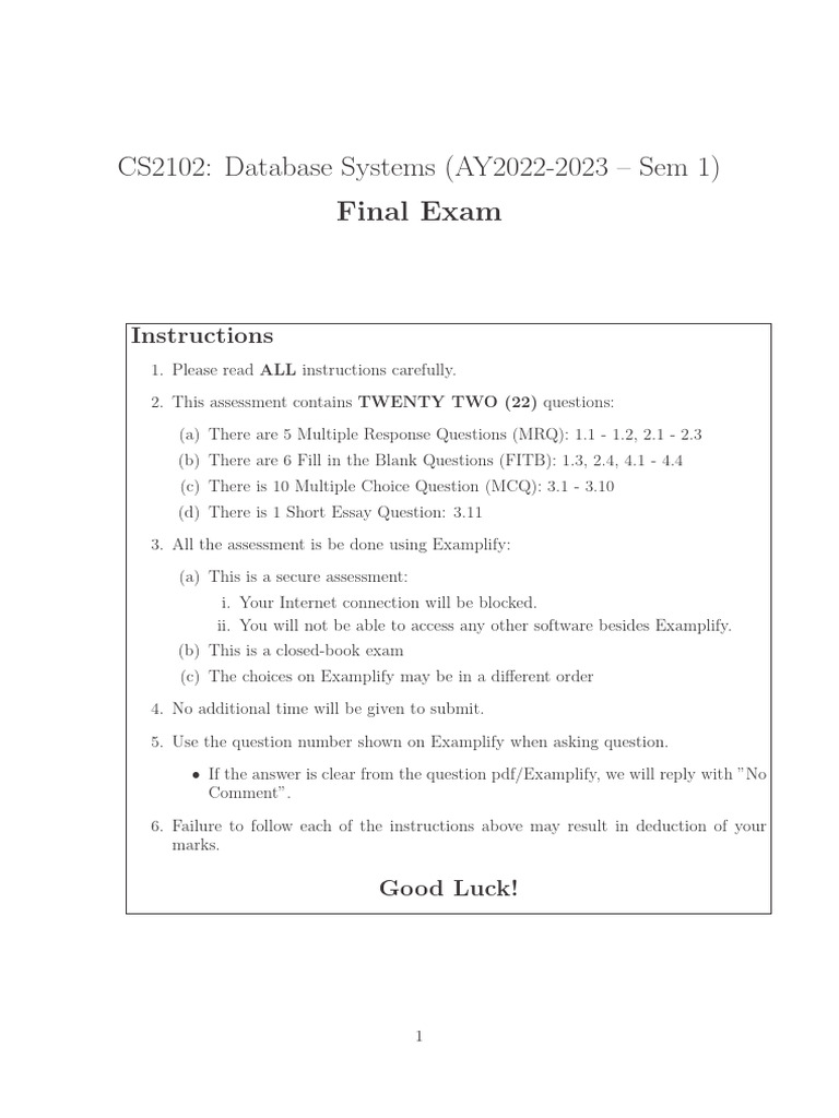 CS2102: Database Systems (AY2022-2023 - Sem 1) : Final Exam | PDF