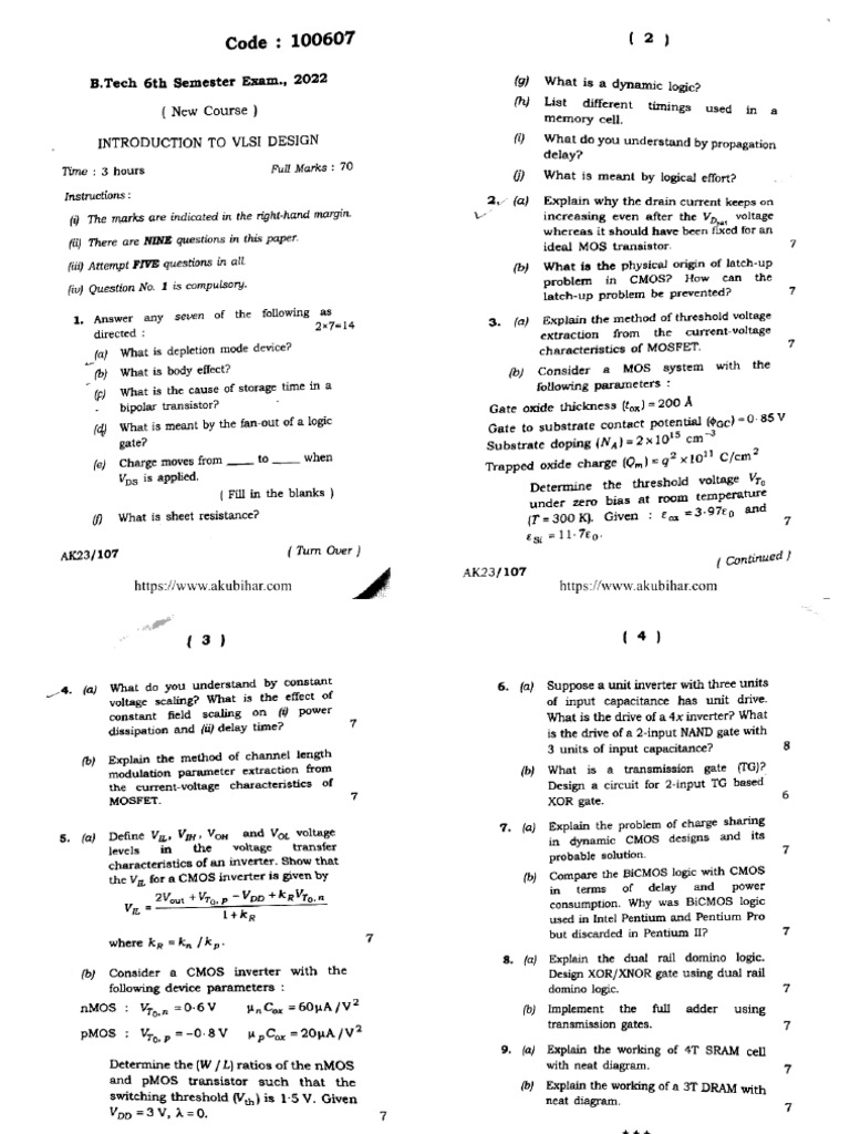 Btech 6 Sem Introduction to Vlsi Design 100607 2022 | PDF Btech 6 Sem Introduction to Vlsi Design 100607 2022 | PDF