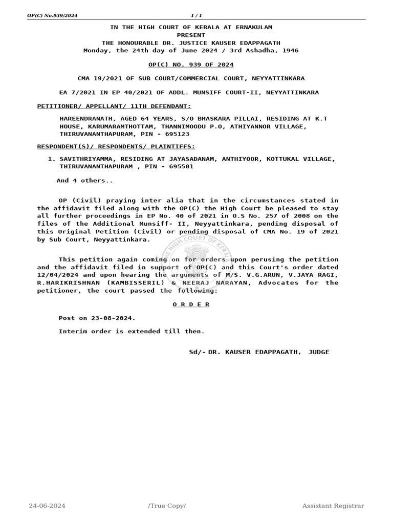 OP (C) No.939/2024 1 / 1: 24-06-2024 /true Copy/ Assistant Registrar | PDF