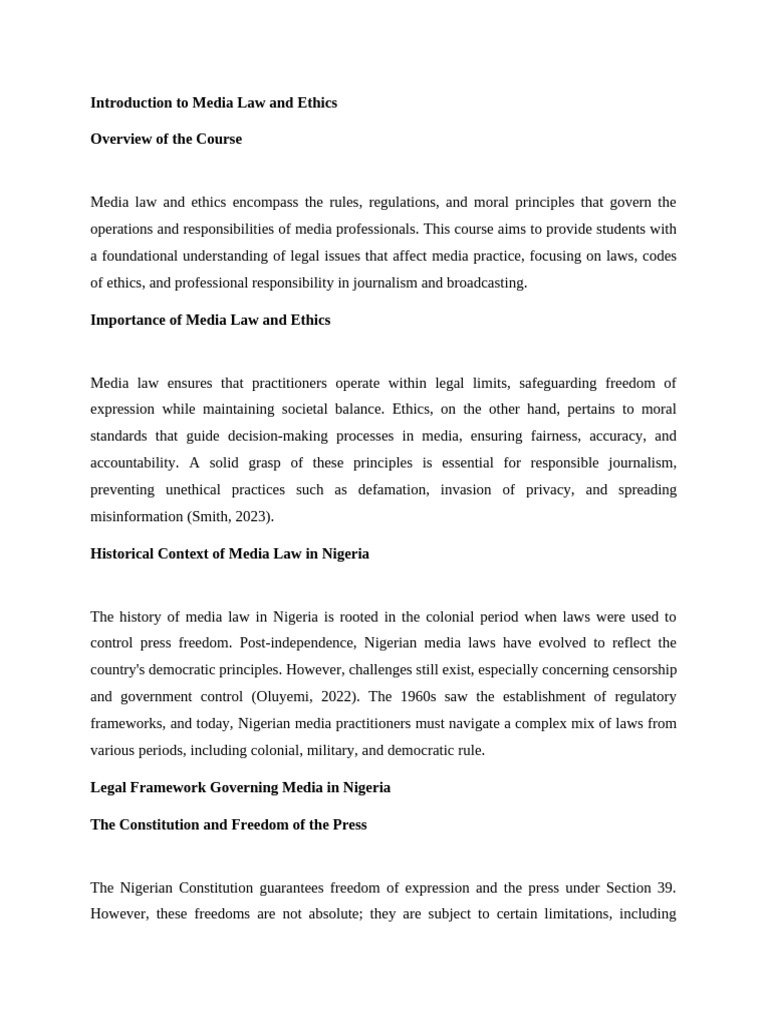 Media Law and Ethics Course Materials | PDF