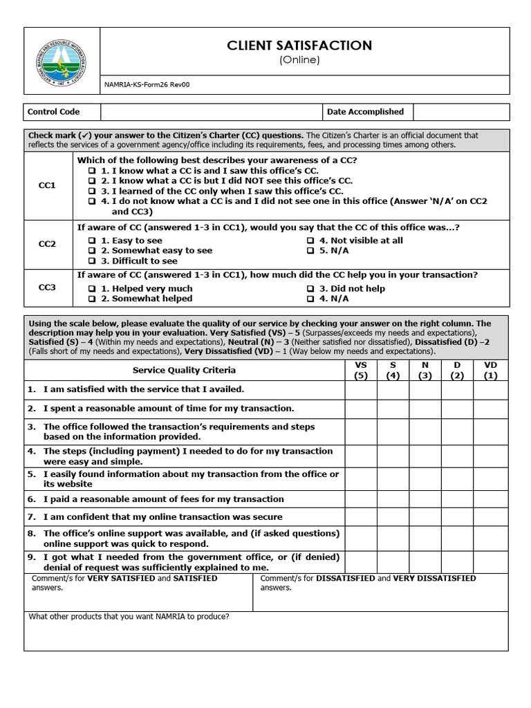 NAMRIA Client Satisfaction Survey Form | PDF