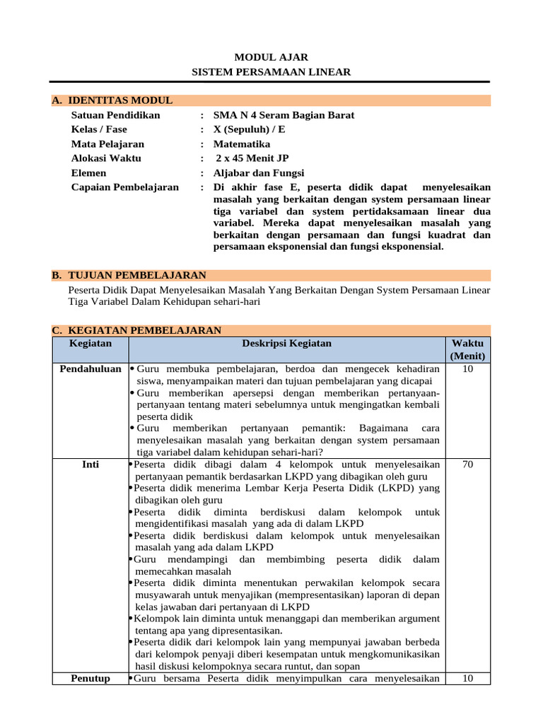 Modul Sistem Persamaan Linear | PDF
