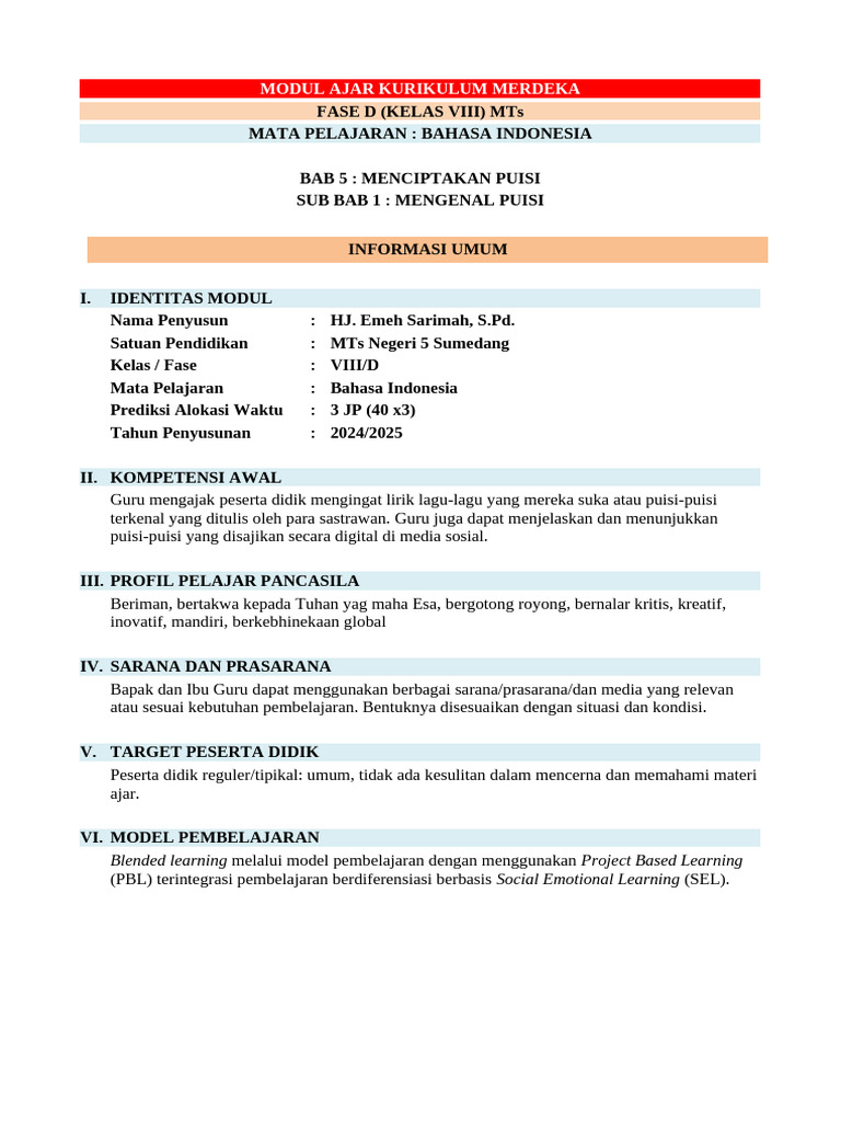 Modul Ajar Bahasa Indonesia Fase D Kelas 8 Bab 5 Menciptakan Puisi Pdf