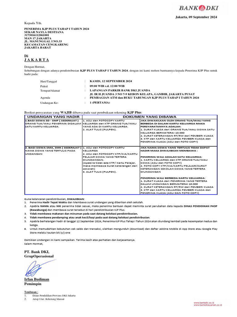 Undangan Distribusi 1 KJP Tahap I 2024 (Memo 1922) | PDF