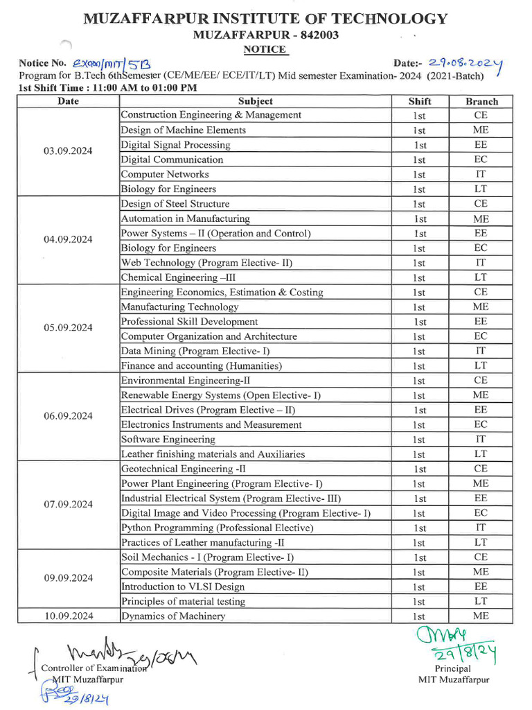 Programme For B.tech 6th Sem Mid Sem Exam 2024 (2021 Batch) | PDF