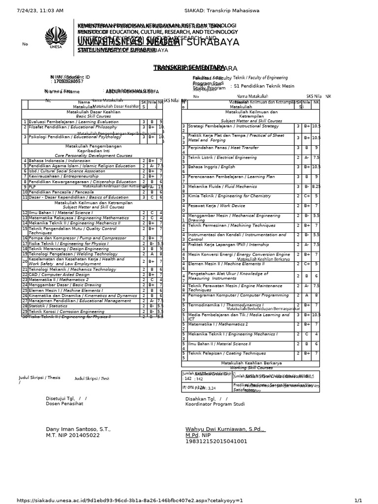 SIAKAD_ Transkrip Mahasiswa dur | PDF