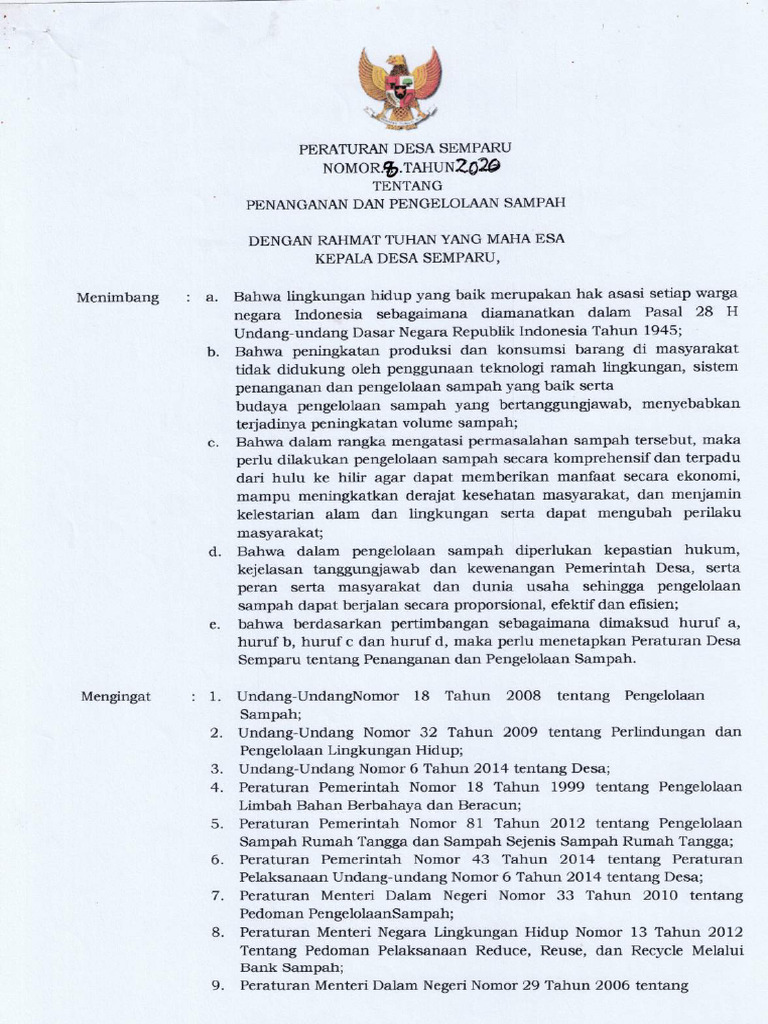 PERDES TENTANG PENANGANAN DAN PENGELOLAAN SAMPAH-dikompresi | PDF