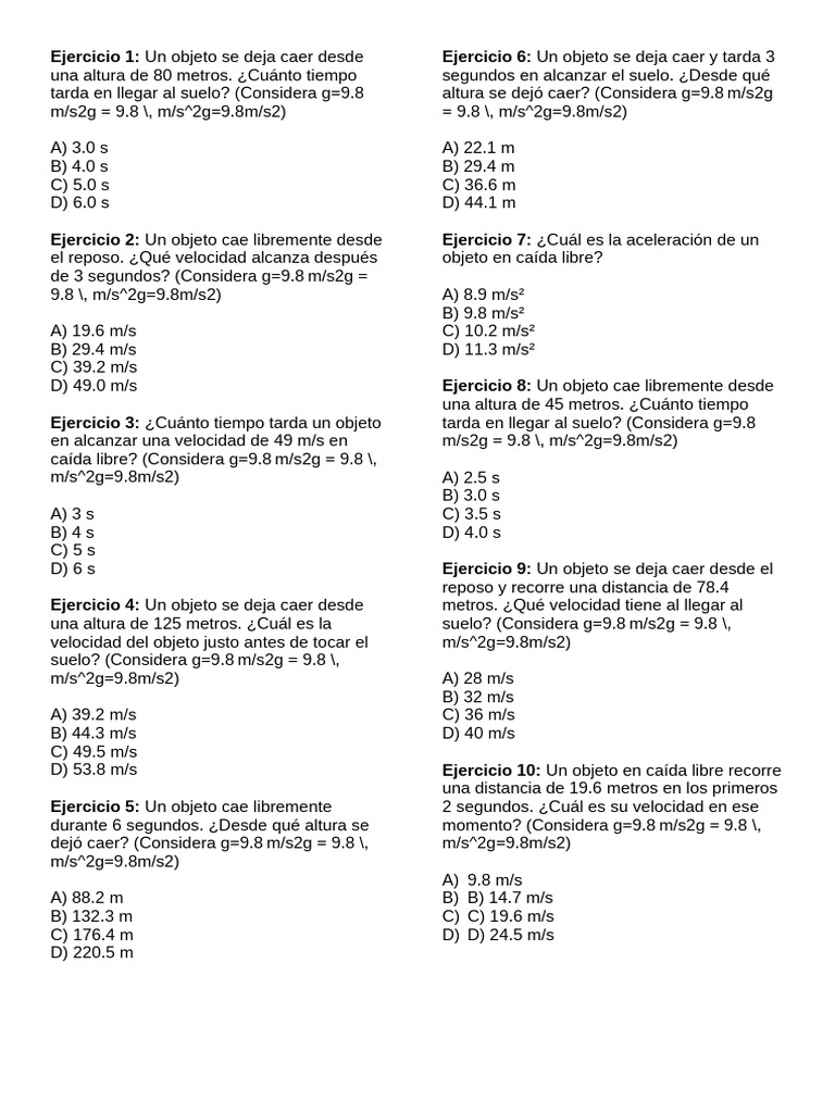 Caida Libre - 10 ejercicios | PDF