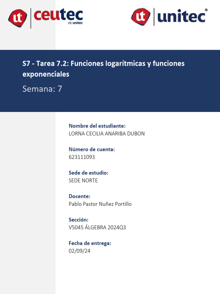 S7 - Tarea 7.2 Funciones Logarítmicas y Funciones Exponenciales | PDF